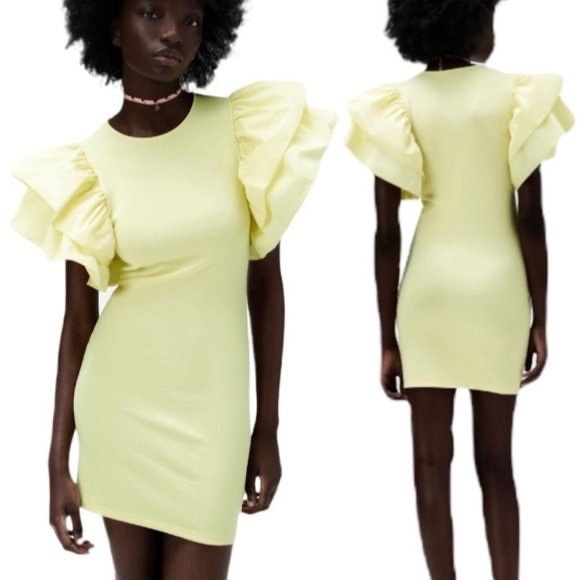 Zara | Dresses | Nwot Zara Ruffle Sleeves Dress Bright Yellow | Poshmark